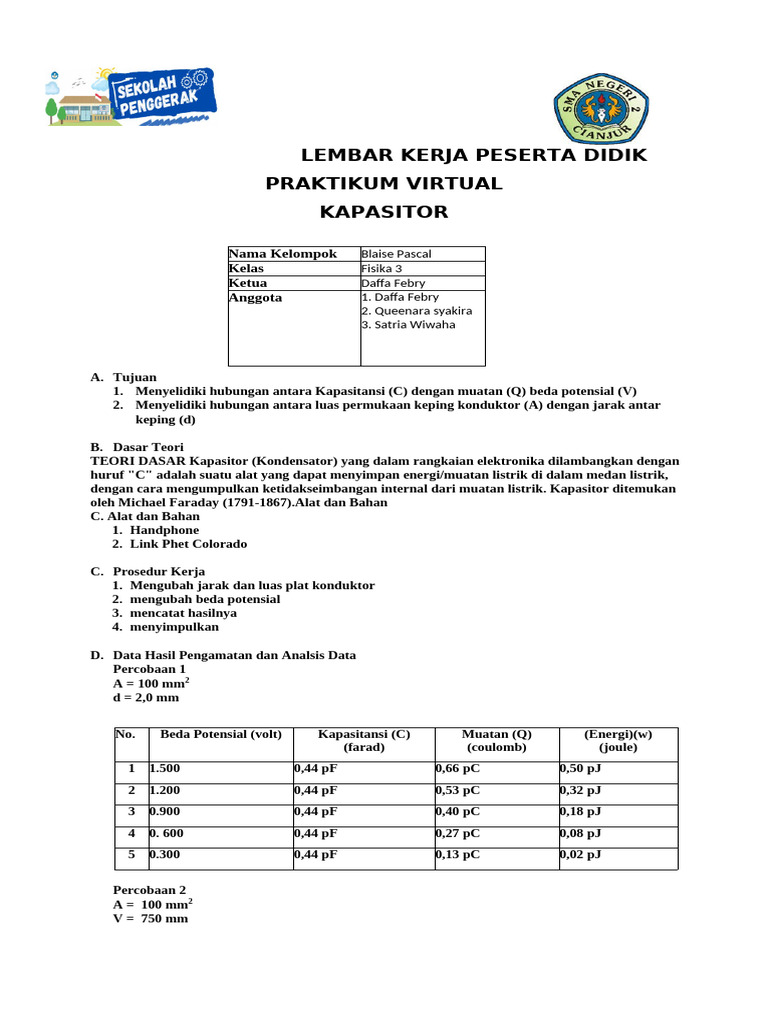 LKPD KAPASITOR Kelompok Blaise Pascal | PDF