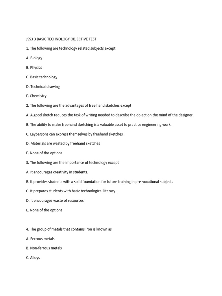JSS 3 B Tech Objective Test | PDF | Metals | Technology & Engineering