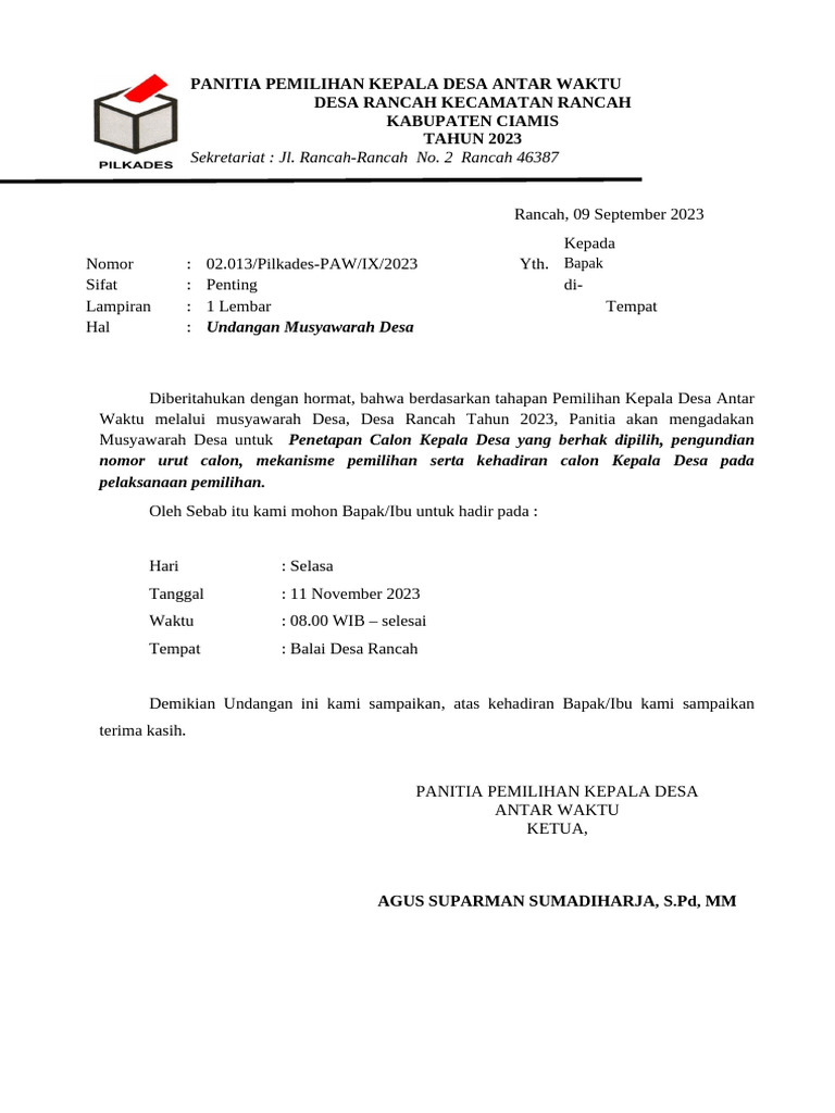 Undangan Musdes Penetapan Nomor Dan Penyampaian Visi Misi Untuk Calon | PDF