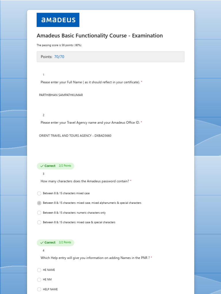 Amadeus Basic Functionality Course - Examination | PDF