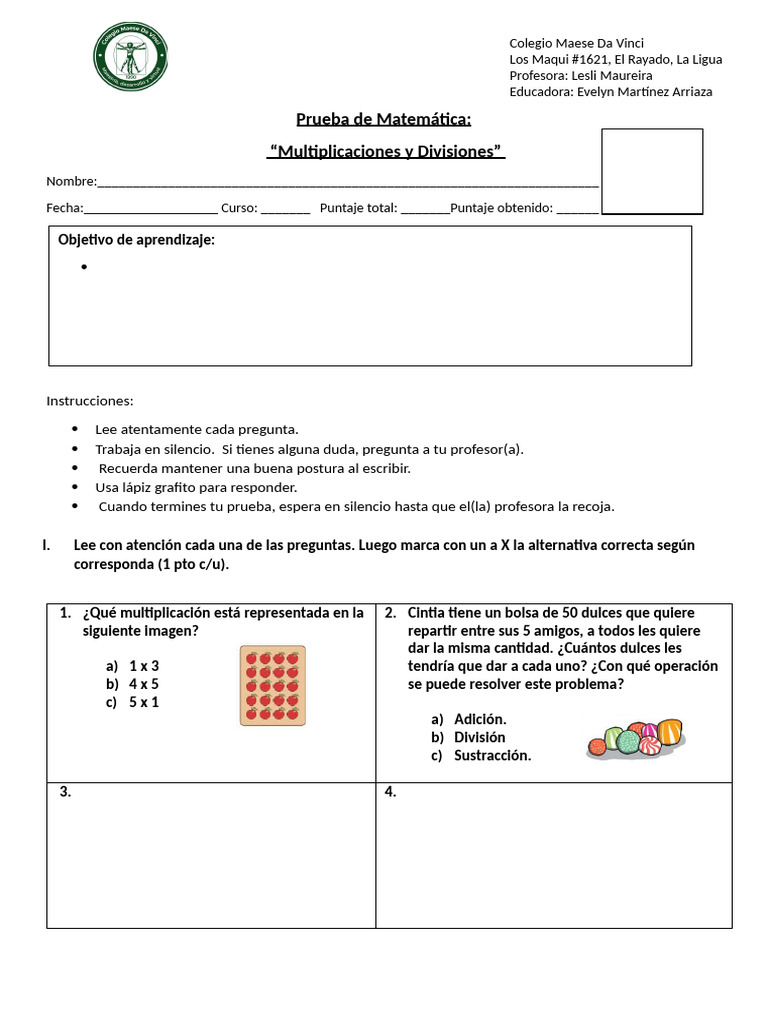 Prueba de matematica tercero basico divisiones y multiplicacion | PDF