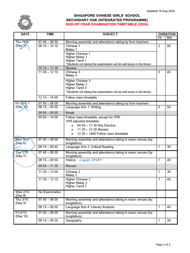 2024 Sec 1IP EOY Exam Timetable With Rules (16 Aug) | PDF