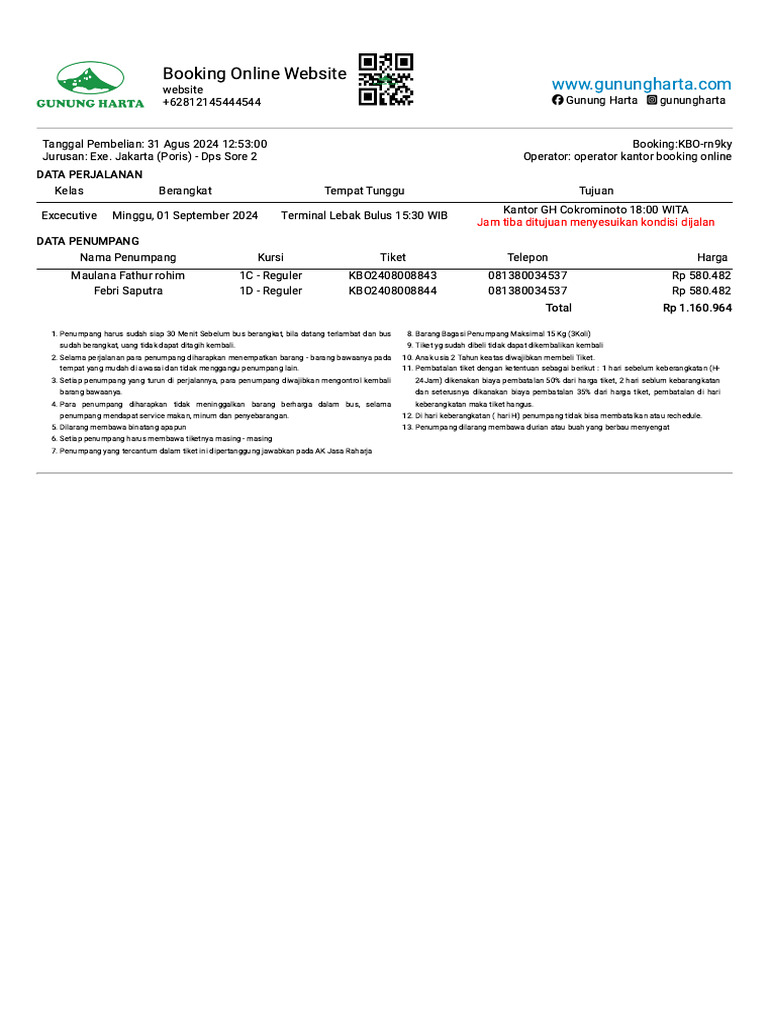 Tiket Bis Gunung Harta Contoh | PDF