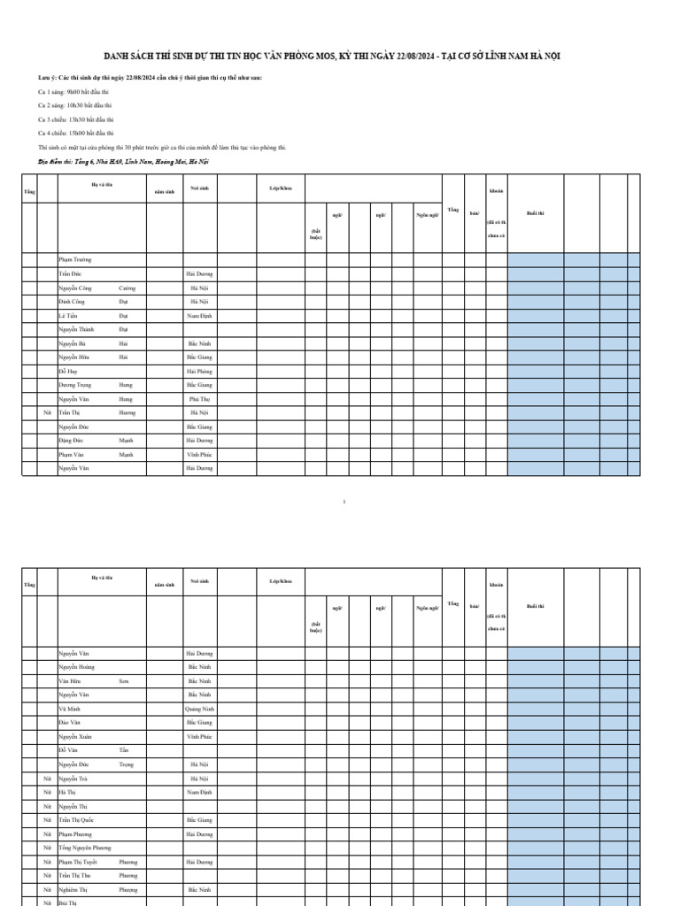 1. DANH SÁCH THÍ SINH DỰ THI - TIN HỌC VĂN PHÒNG MOS, KỲ THI 22.8.2024 | PDF