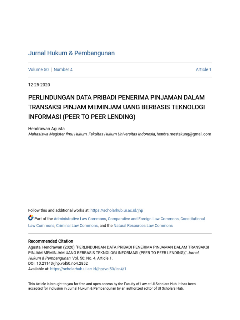 Perlindungan Data Pribadi Penerima Pinjaman Dalam Transaksi Pinja | PDF
