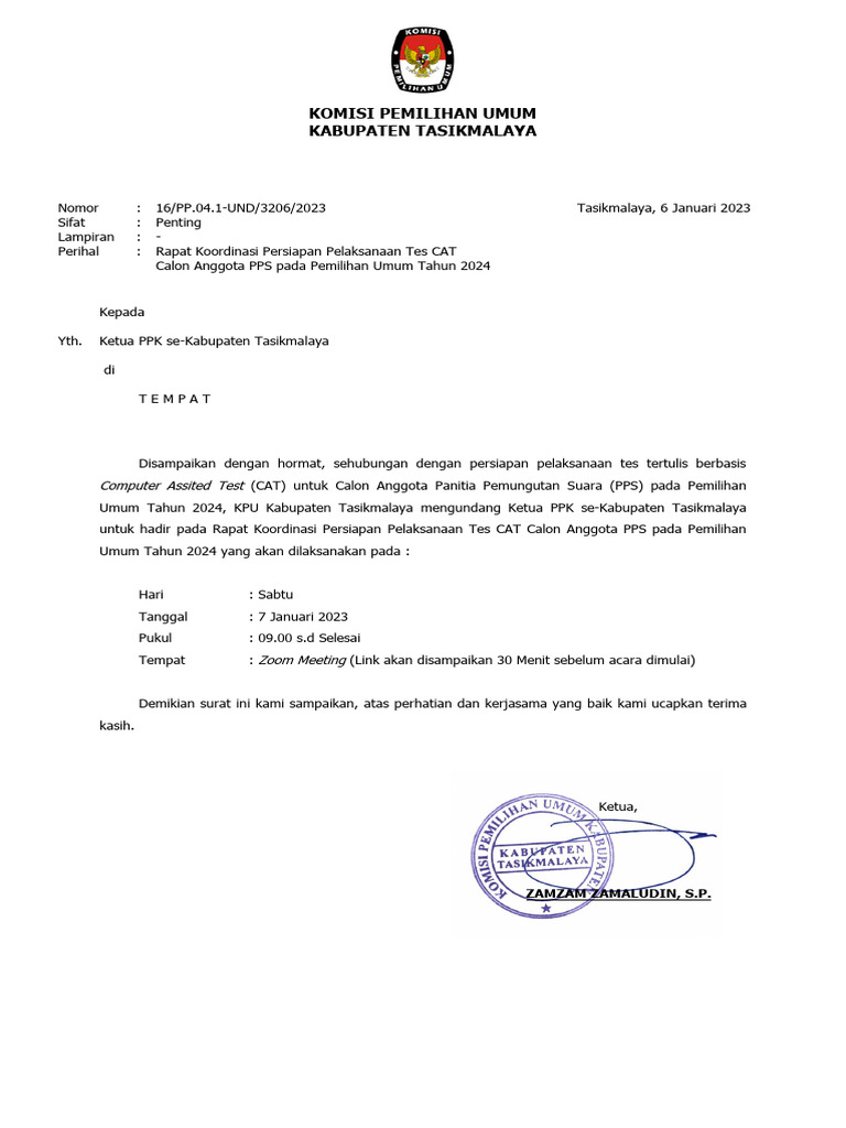 Surat Undangan Rakor Persiapan Tes CAT PPS Pemilu 2024 - Rev | PDF