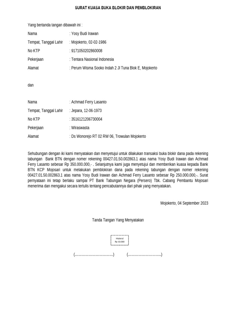 SURAT KUASA BUKA BLOKIR DAN PEMBLOKIRAN Pak Yosy Dan Pak Ferry | PDF