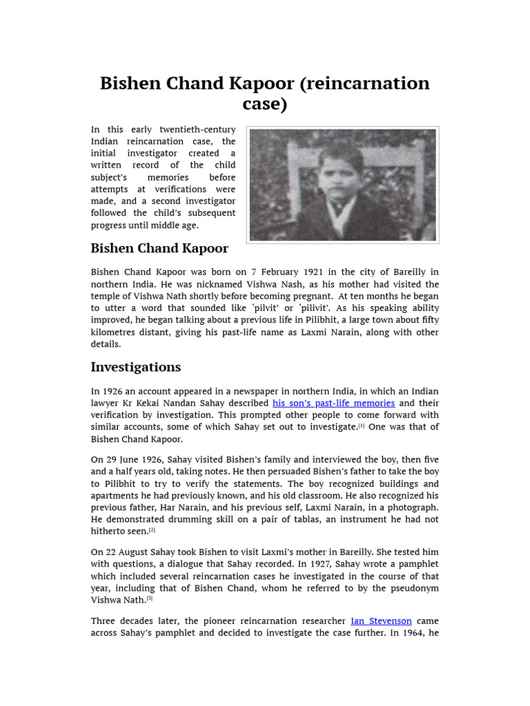 Bishen Chand Kapoor Reincarnation Case-456 | PDF | Reincarnation