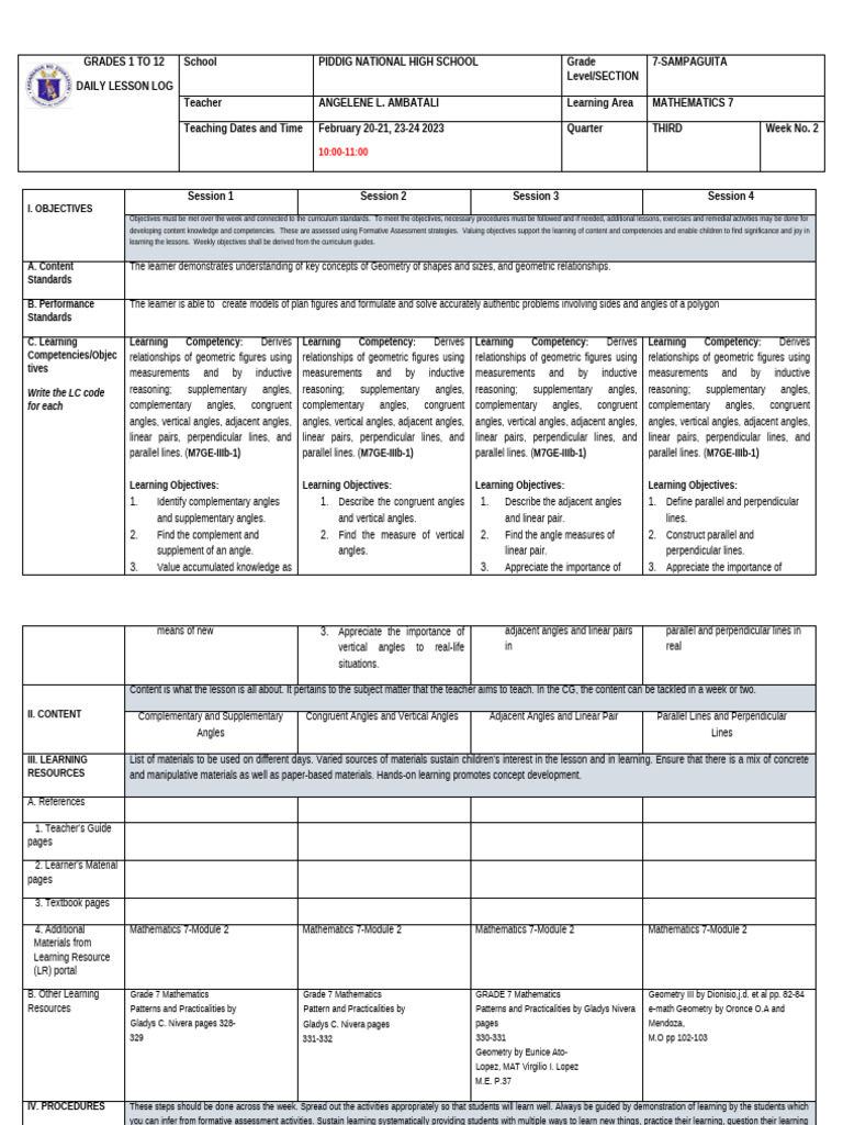 DLL Q3 Week 2 MATH7 - Angelene - Ambatali | PDF