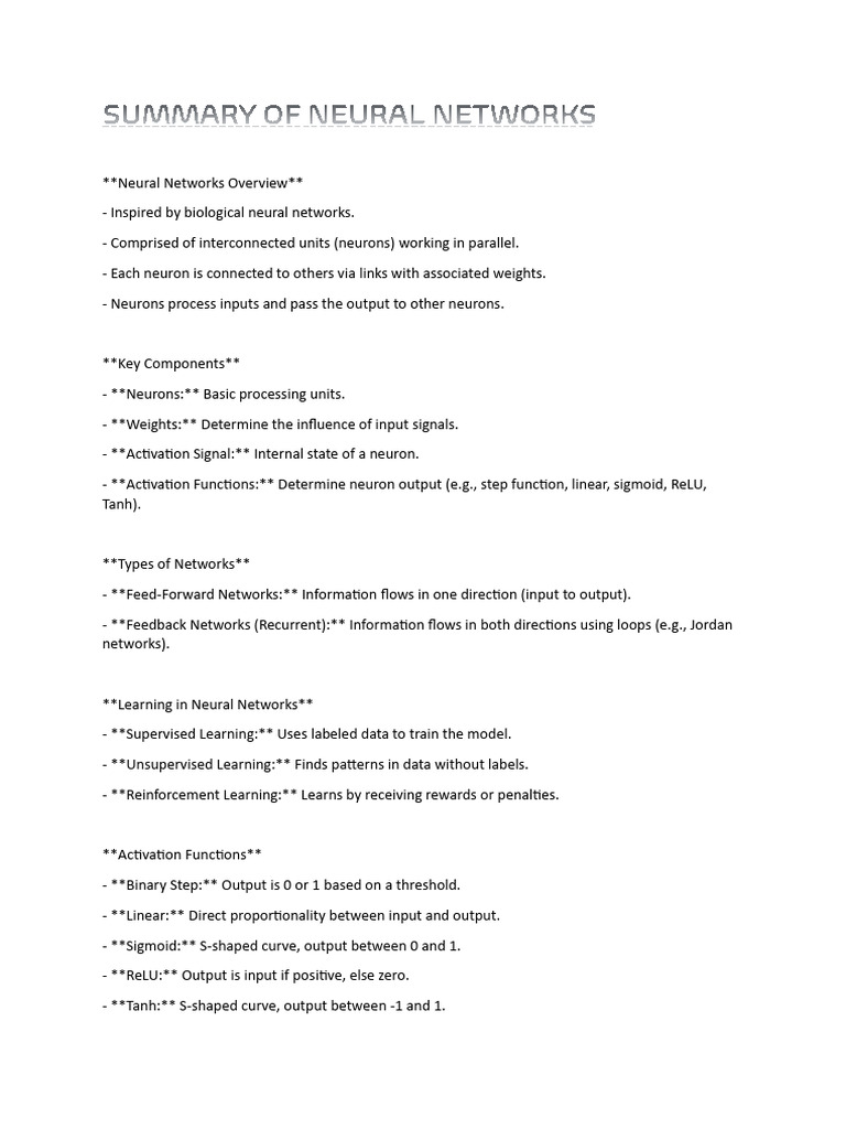SUMMARY OF NEURAL NETWORKS | PDF