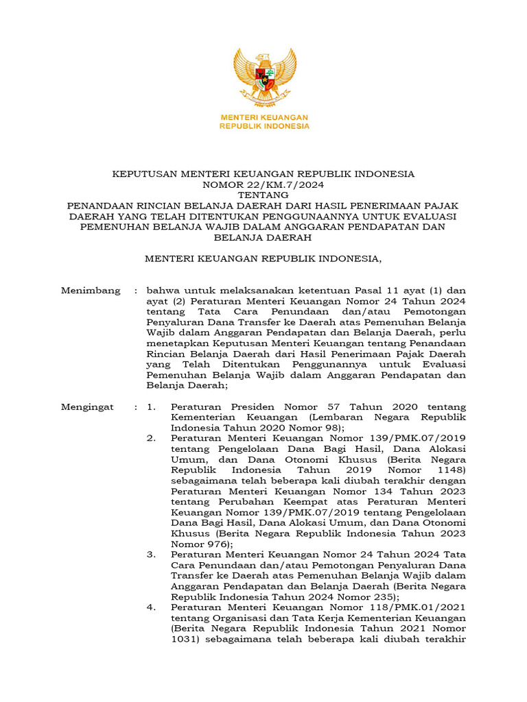 KMK 22 KMK 7 2024 Tentang Penandaan Rincian Belanja Daerah Dari | PDF