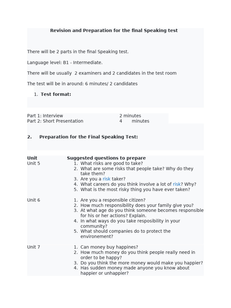 Revision and Preparation for the final Speaking test | PDF