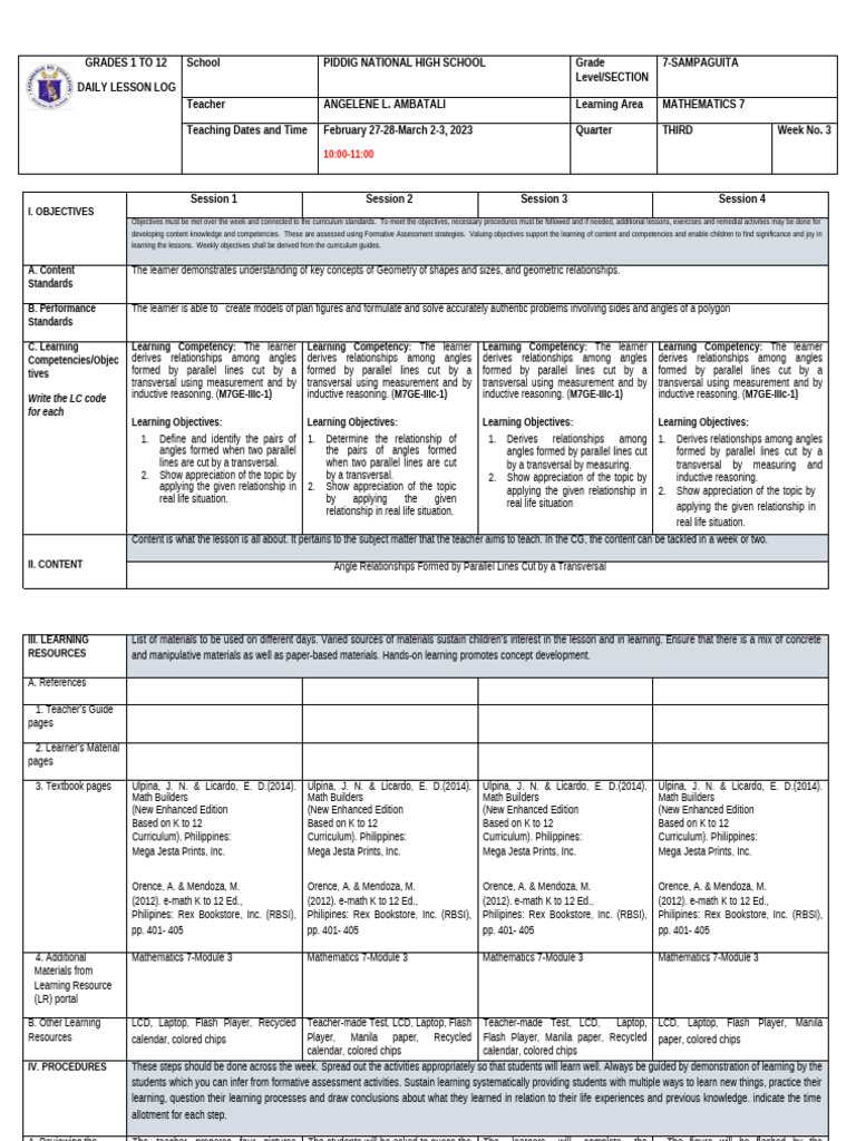 DLL Q3 Week 3 MATH7 - Angelene - Ambatali | PDF | Learning | Angle