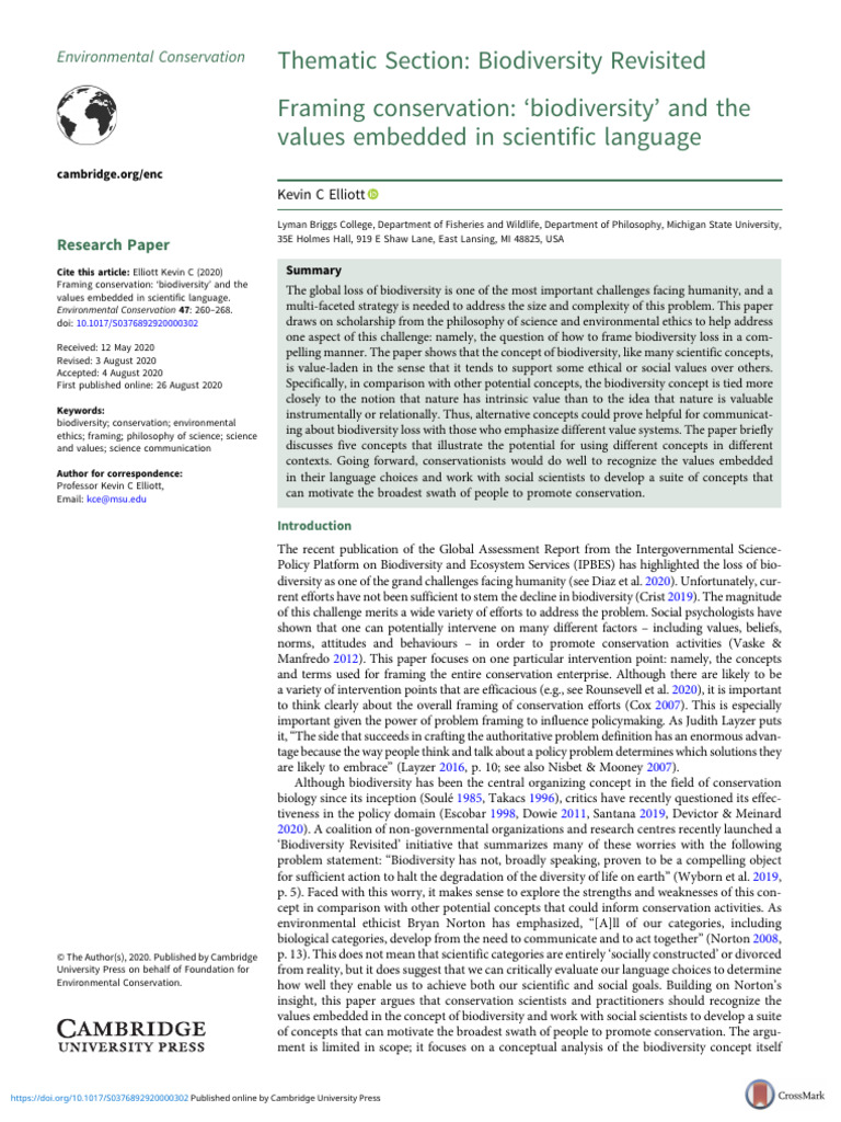 Framing Conservation Biodiversity and The Values Embedded in Scientific ...
