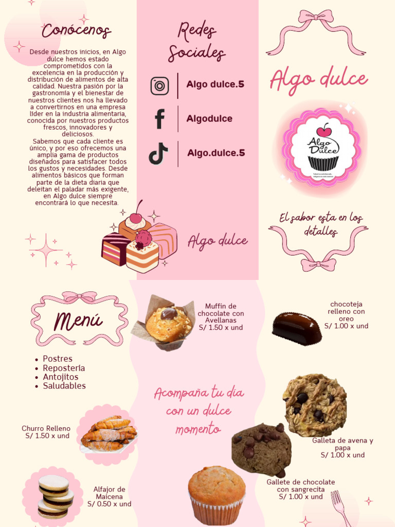 Folleto Tríptico Menú de Postres Ilustrado Kawaii Rosa y Crema (Trípticos) | PDF