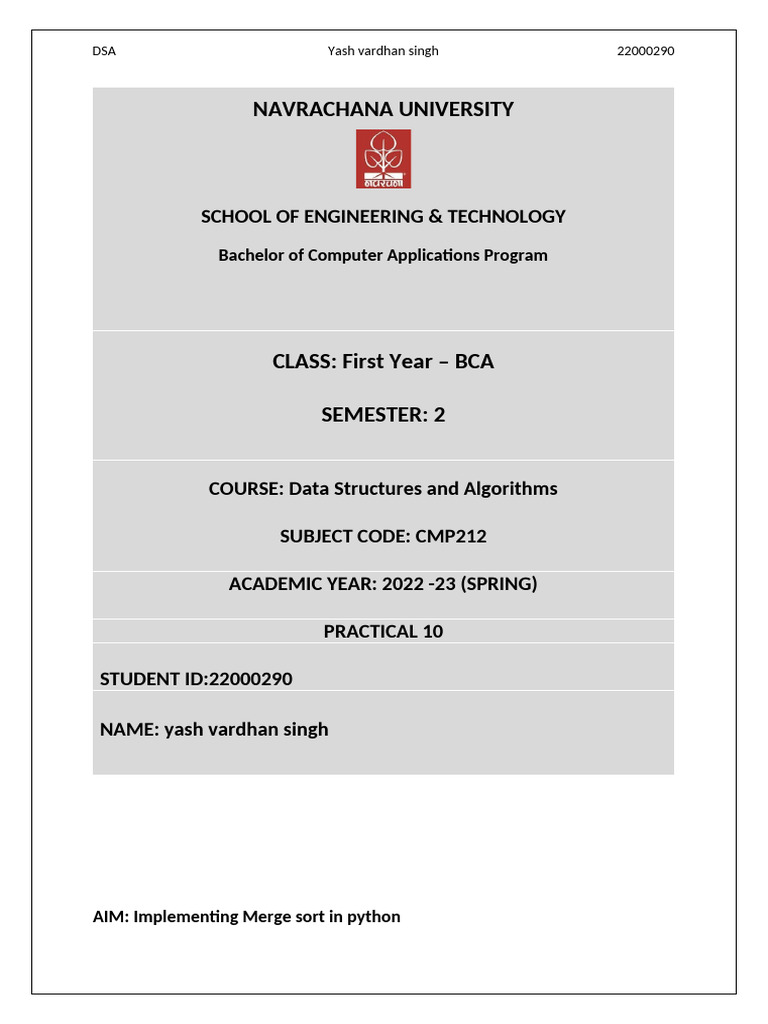 Dsa Practical 10 Merge Sort Pdf Technology And Engineering