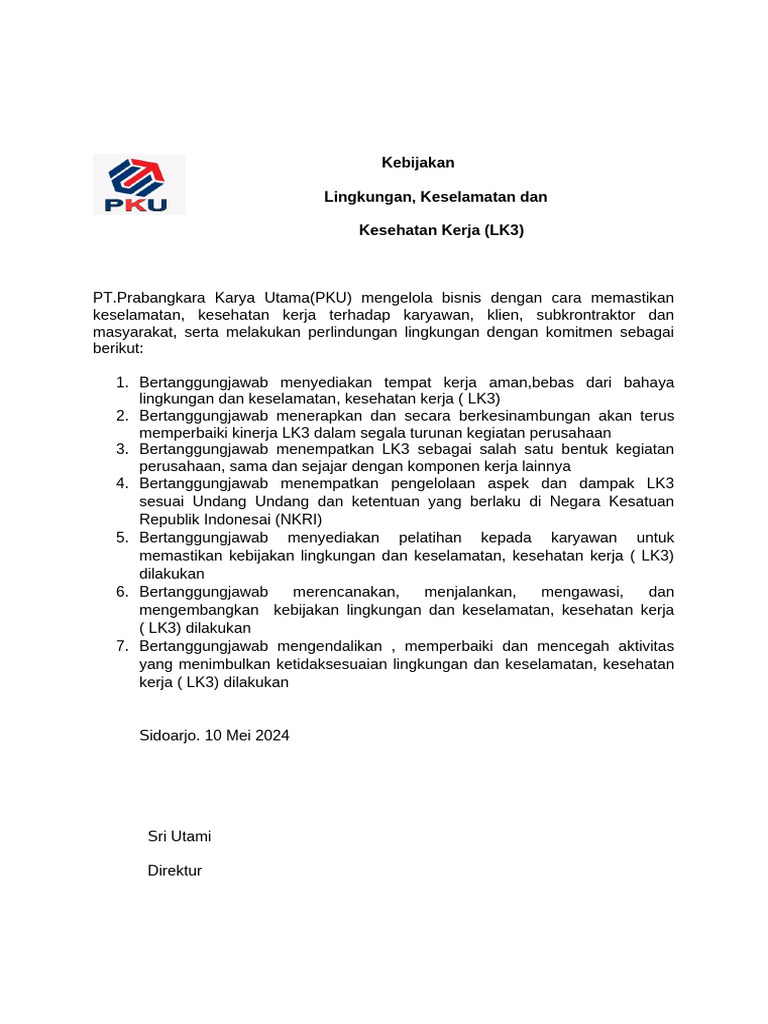 Kebijakan Lingkungan, Keselamatan Dan Kerja (LK3) Translete | PDF