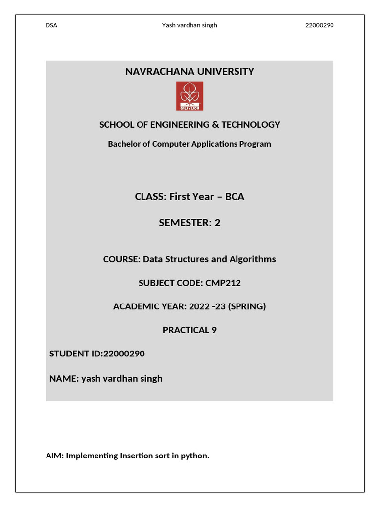 DSA - Practical 9 Insertion Sort | PDF | Computers