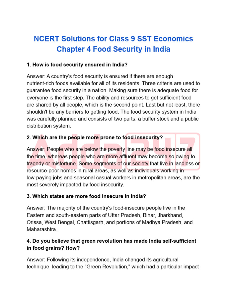 NCERT Solutions For Class 9 SST Economics Chapter 4 Food Security in ...