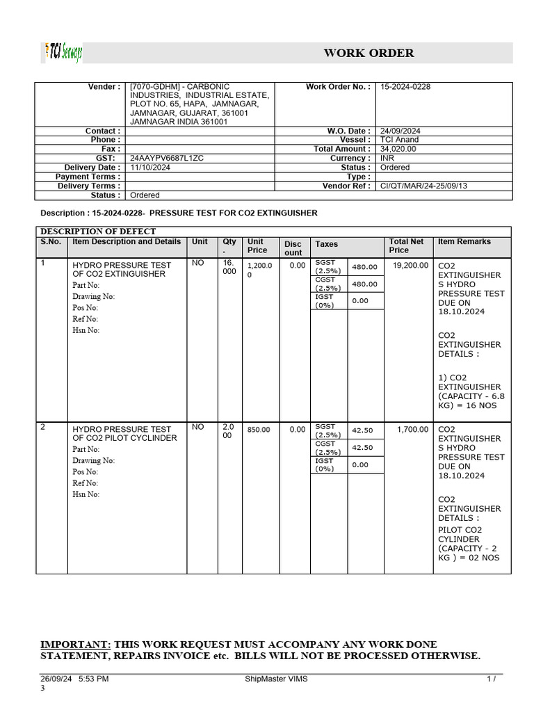 CO2 Extinguisher Pressure Test Work Order | PDF