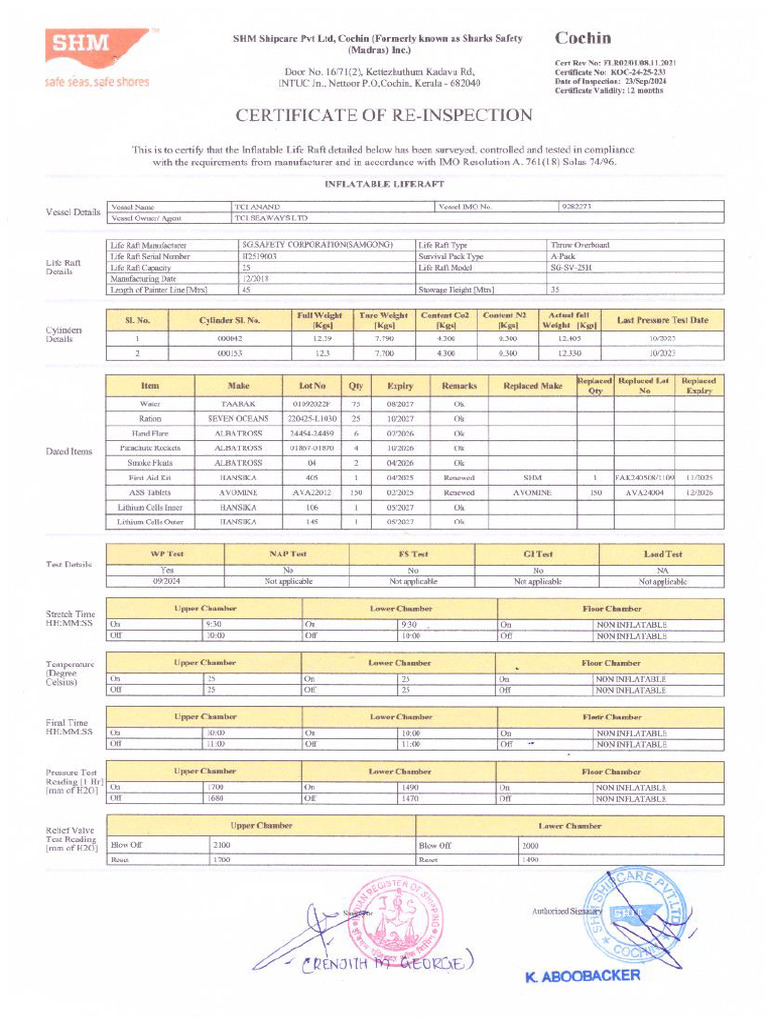 Life Raft Renewal Certificate H0619003 KOC 24 25 233 | PDF