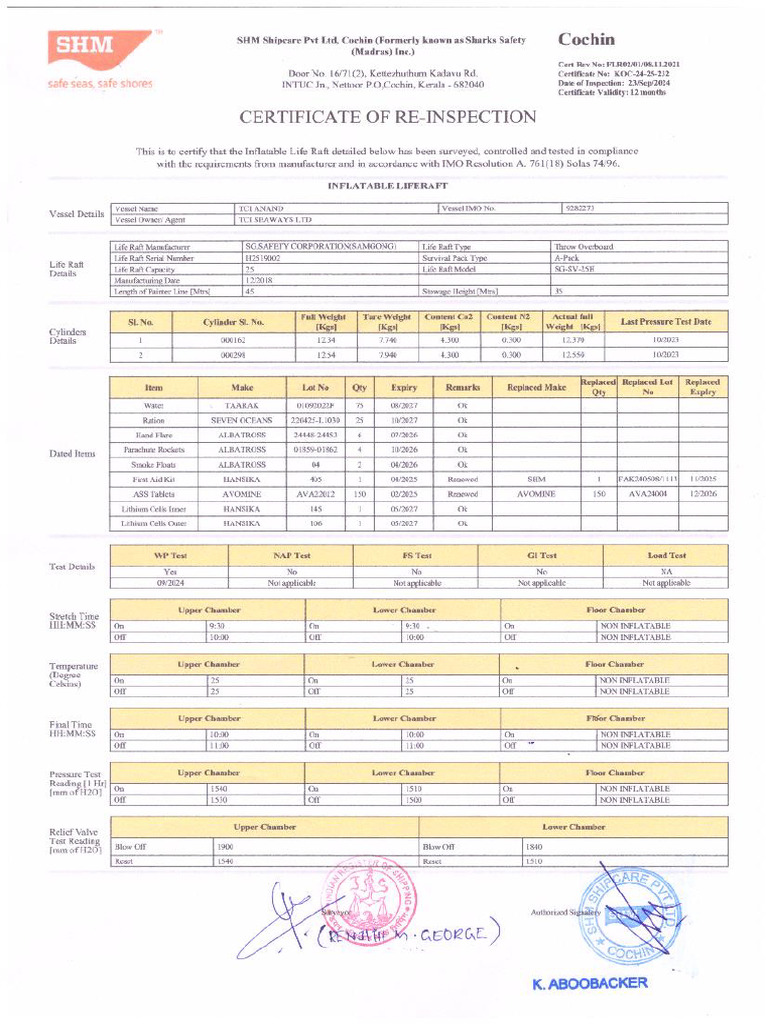 Life Raft Renewal Certificate H0619002 KOC 24 25 232 | PDF