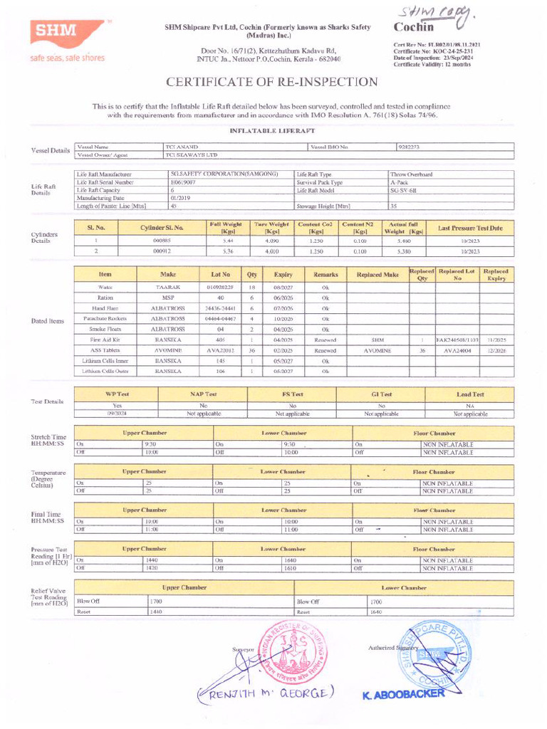 Life Raft Renewal Certificate H0619007 KOC 24 25 231 | PDF