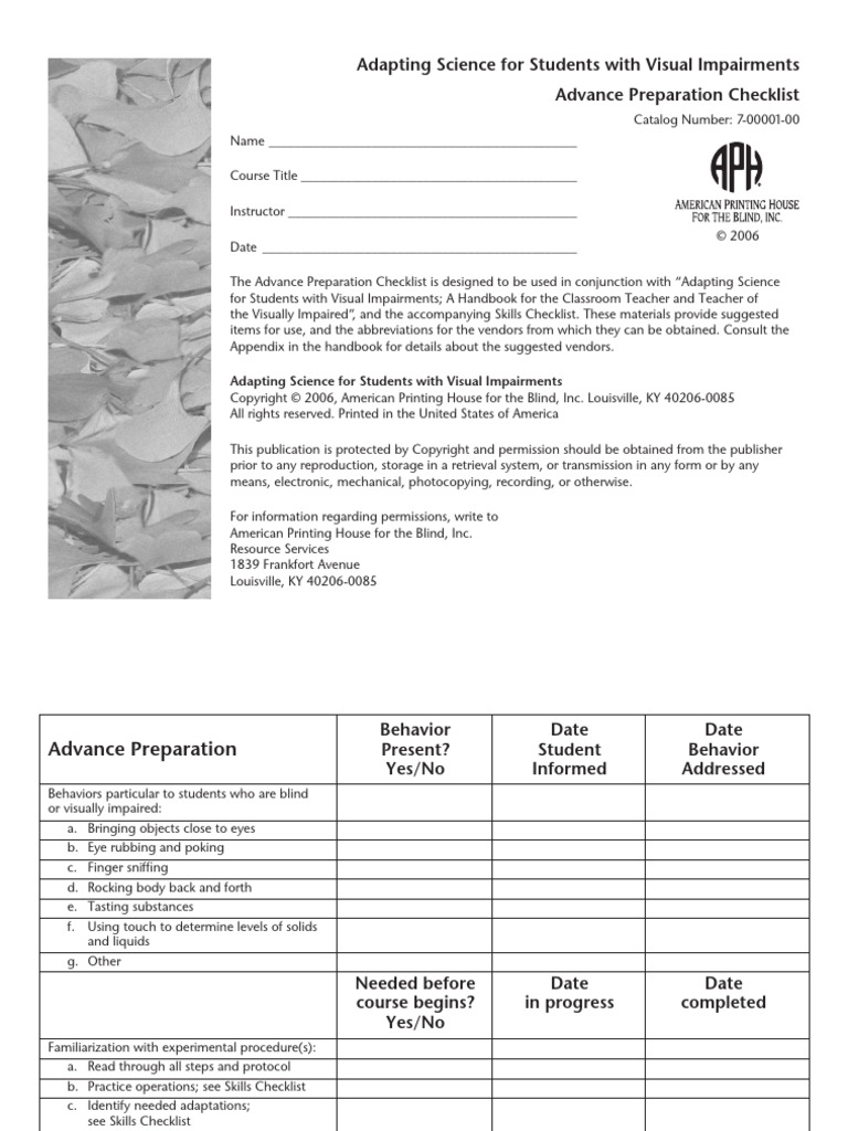 Adapting Science For Students With Visual Impairments Advance Preparation Checklist | PDF