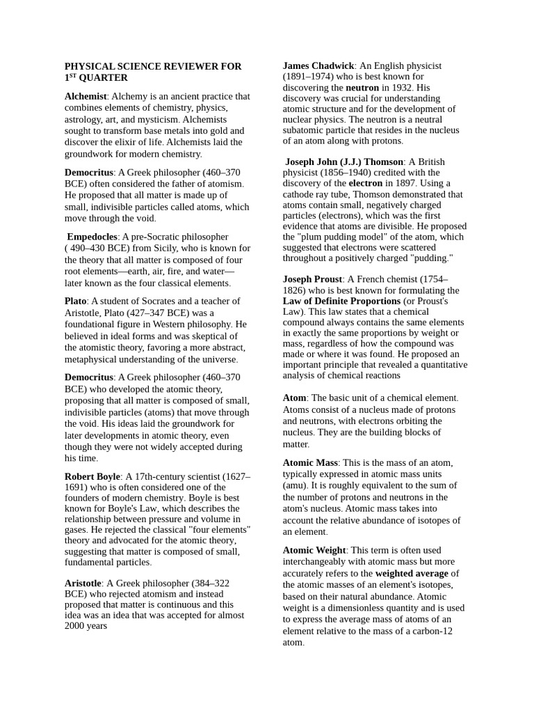 Physical Science Reviewer For 1st Quarter | PDF