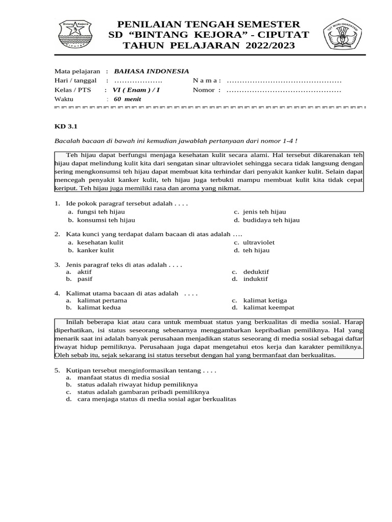 PTS BI kelas 6 smt 1 | PDF