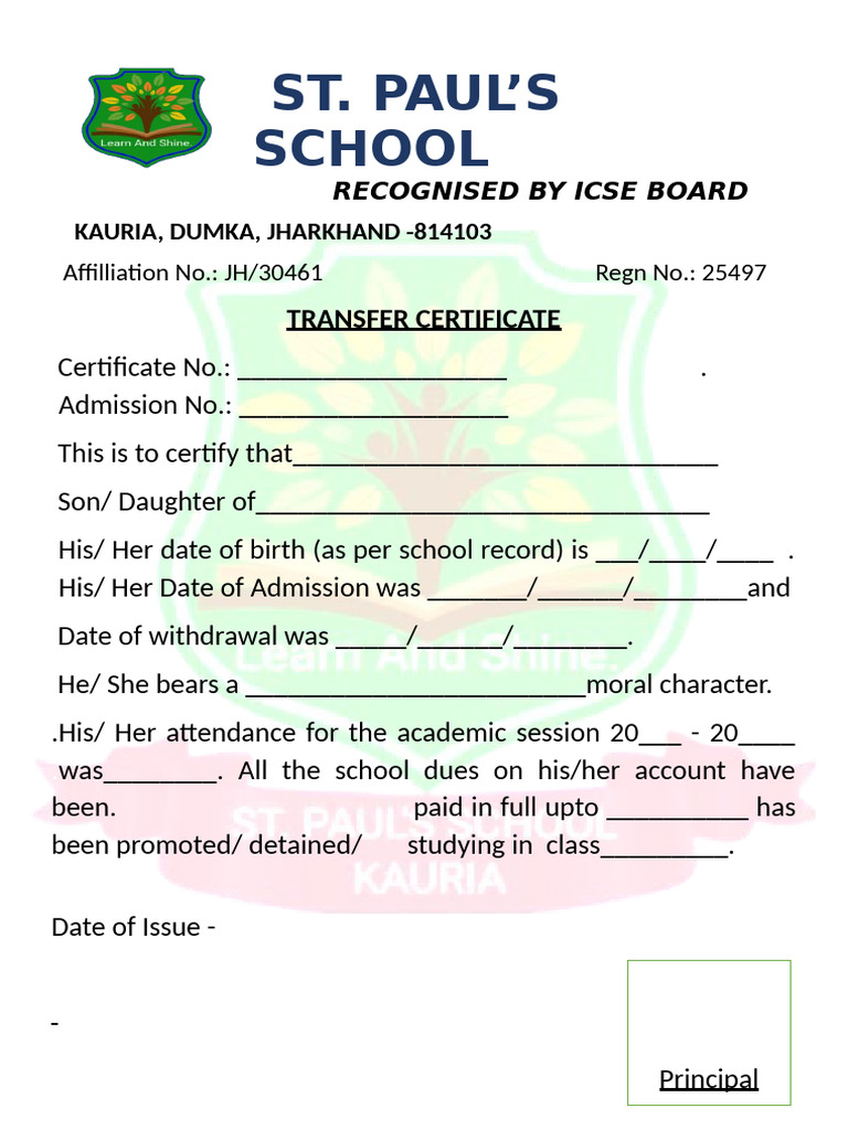 St. Paul'S School: Transfer Certificate | PDF