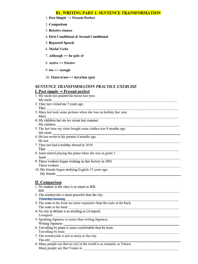 B1 - WRITING PART 1 - Chuyển đổi câu - Gửi SV | PDF