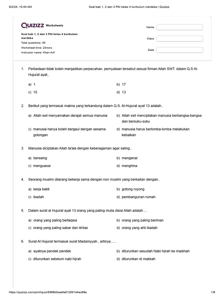 Soal Bab 1, 2 Dan 3 PAI Kelas 4 Kurikulum Merdeka - Quizizz | PDF