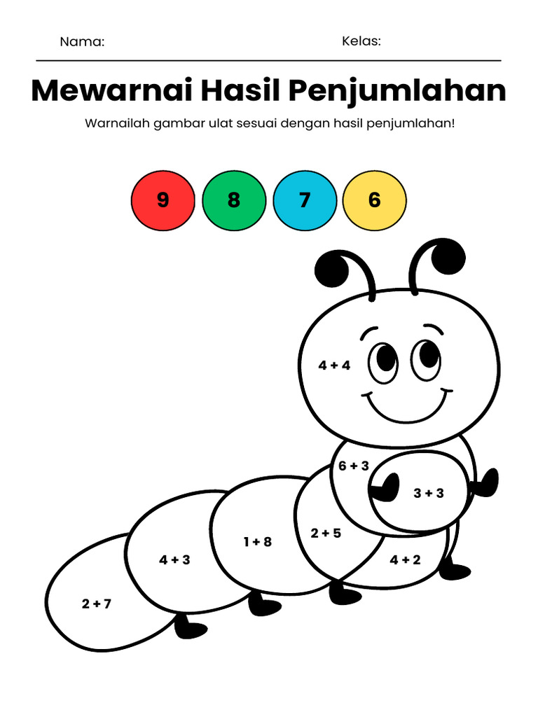 Mewarnai Hasil Penjumlahan Lembar Kerja Hitam Dan Putih Gaya Ilustratif
