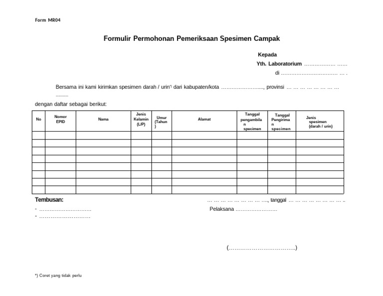 MR04 Formulir Permohonan Pemeriksaan Spesimen Campak | PDF
