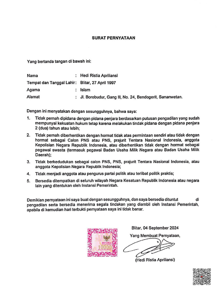 SURAT PERNYATAAN 5 POIN Compressed - 05-09-2024 - 15.07 | PDF