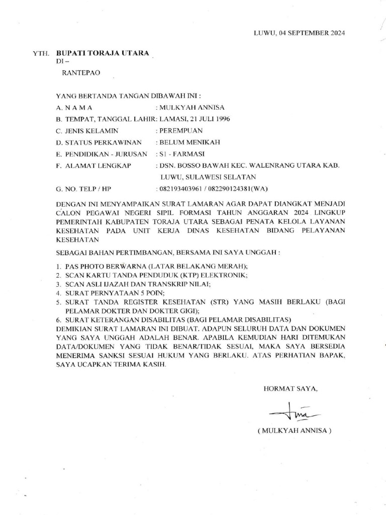 Surat Lamaran Mulkiyah Annisa - Compressed | PDF