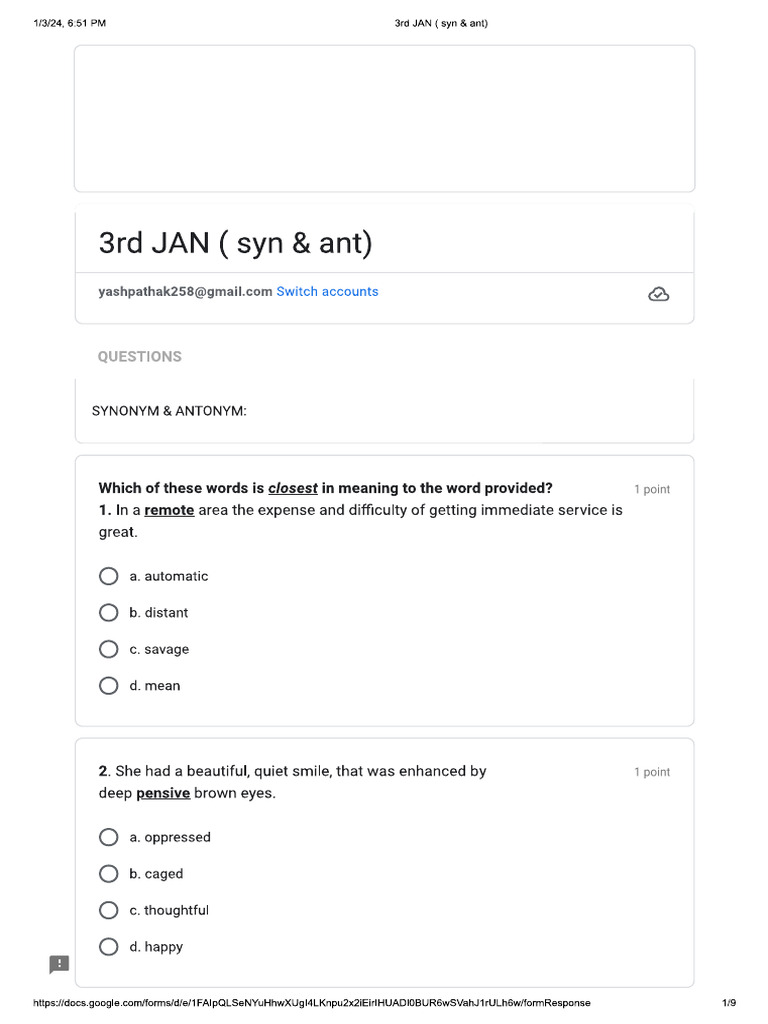 3rd JAN (Syn & Ant) - QSTN | PDF