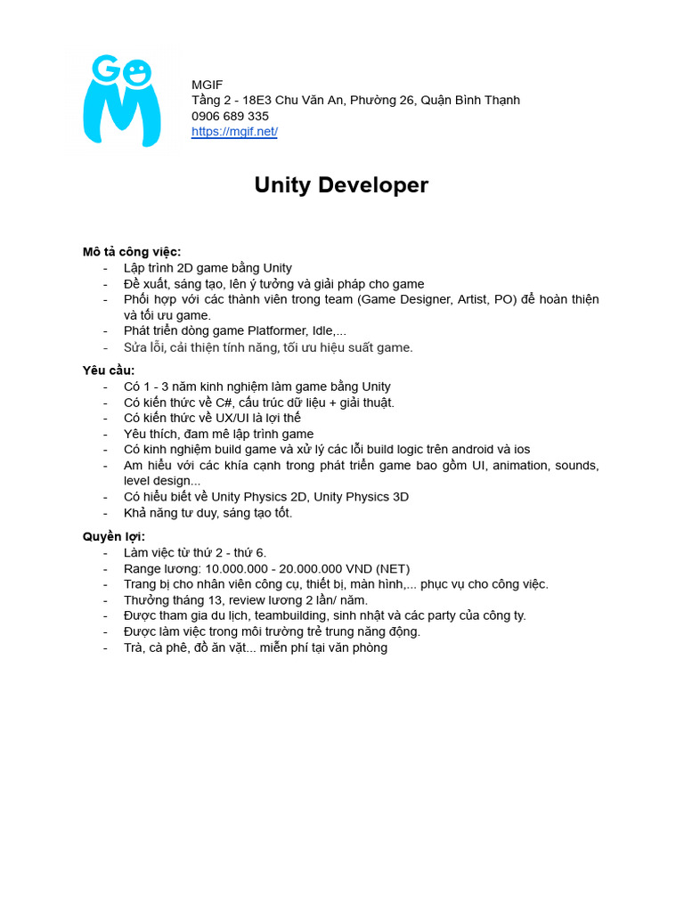 JD Unity Dev - MGIF | PDF
