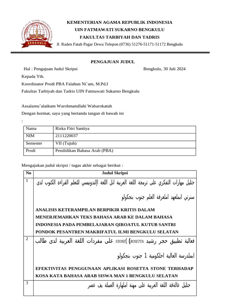 Surat Pengajuan Judul Riska | PDF