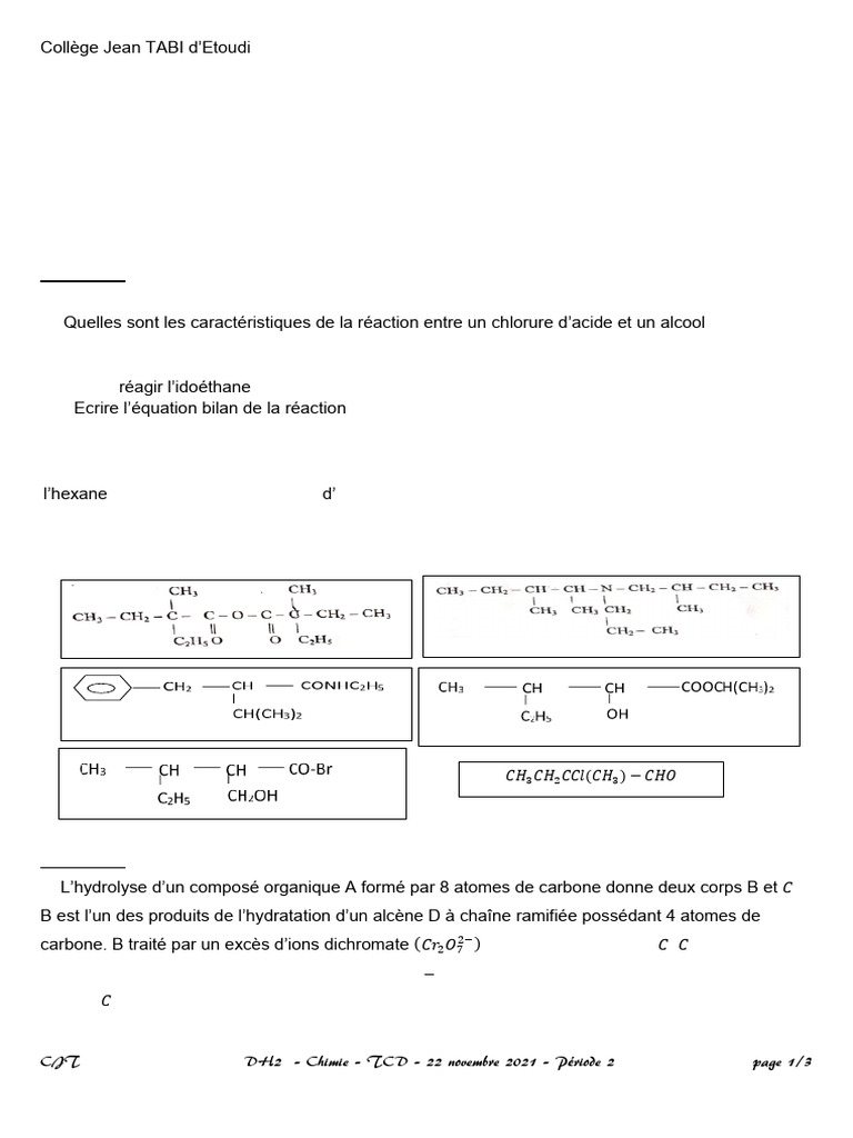 Chimie Tle CD Évaluation 1 2021 2022 | PDF