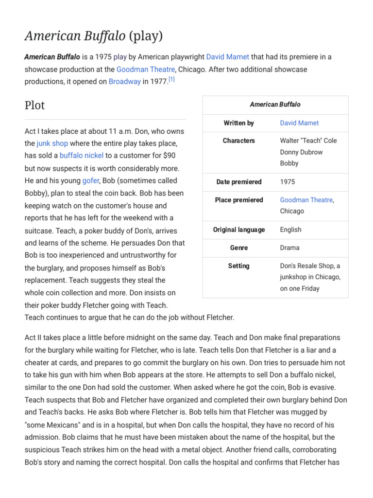 American Buffalo (Play) - Wikipedia | PDF