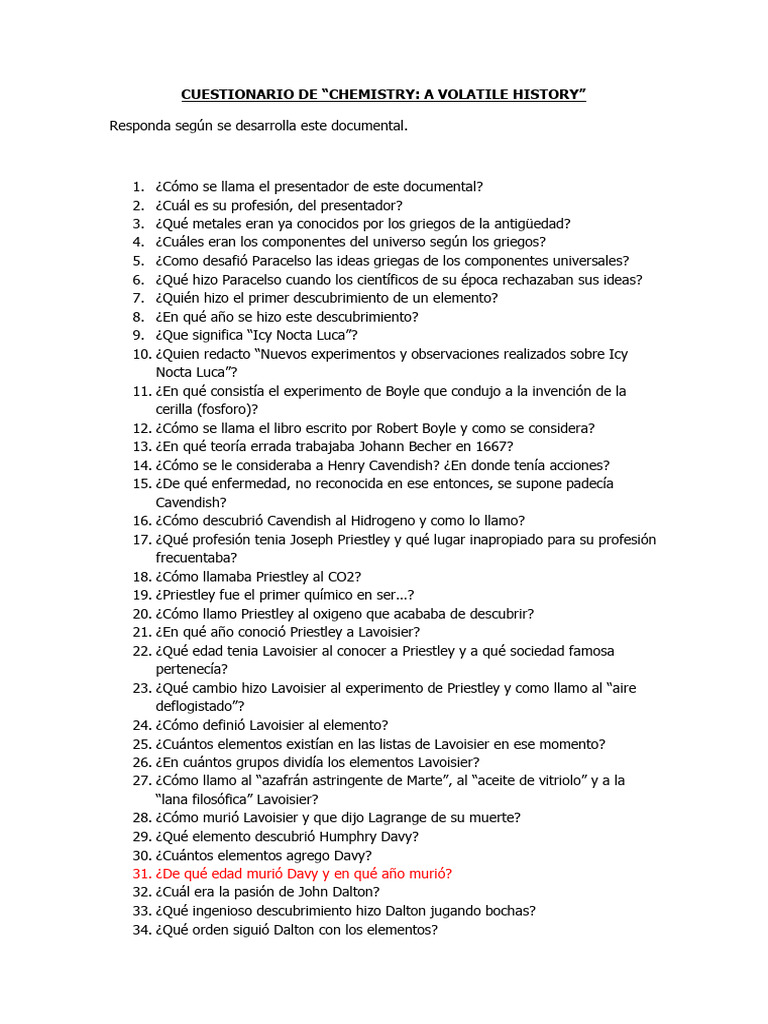 Cuestionario Chemistry a Volatile History | PDF