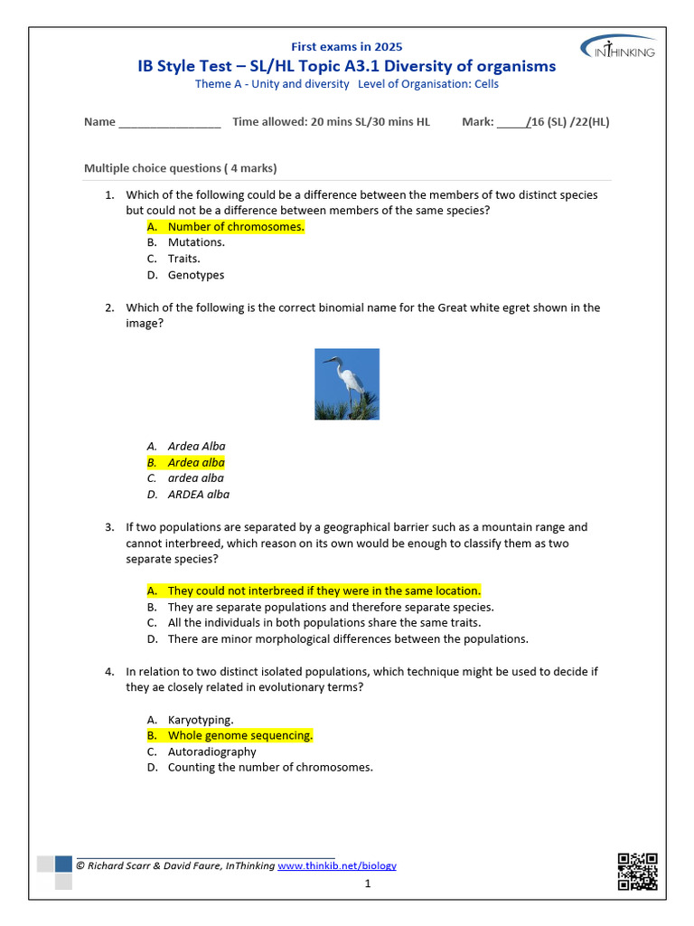 A3 - 1 - Diversity of Organisms - Test - Ms | PDF