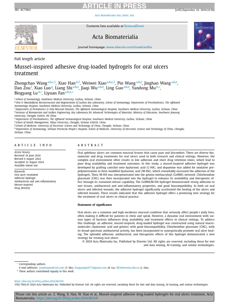 Mussel-Inspired Adhesive Drug-Loaded Hydrogels For Oral Ulcers | PDF ...