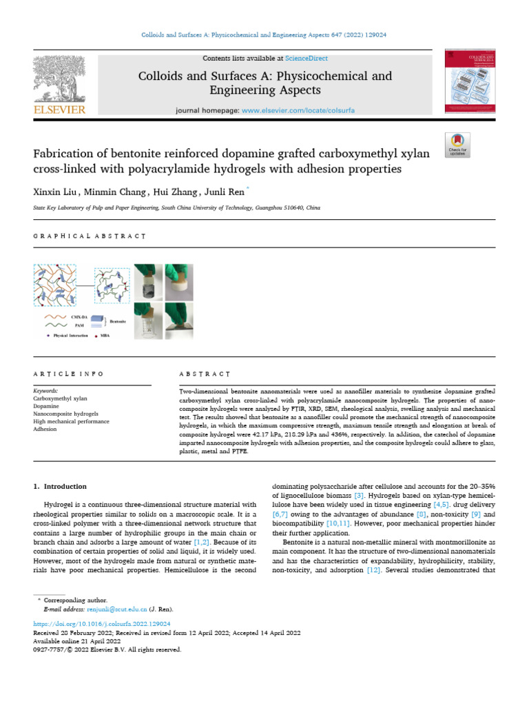 Fabrication of Bentonite Reinforced Dopamine Grafted Carboxymethyl Xylan Cross-Linked With ...