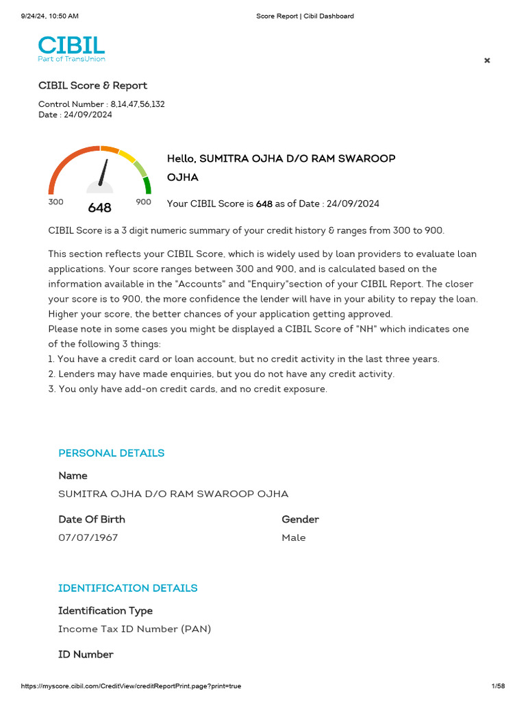 CIBIL Score Report for Sumitra Ojha | PDF | Credit | Finance & Money ...