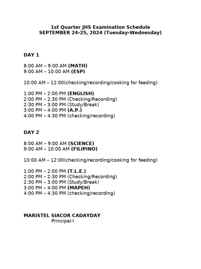 1st Quarter JHS Examination Schedule | PDF