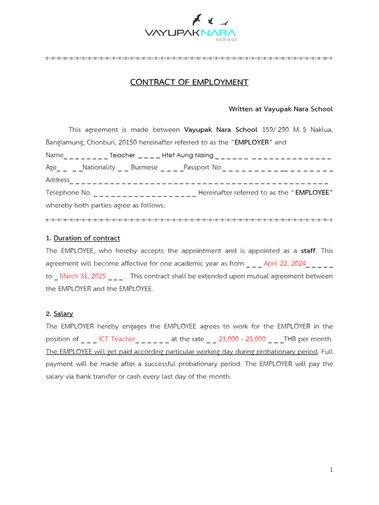 Contract of Employment-Htet Aung Naing | PDF