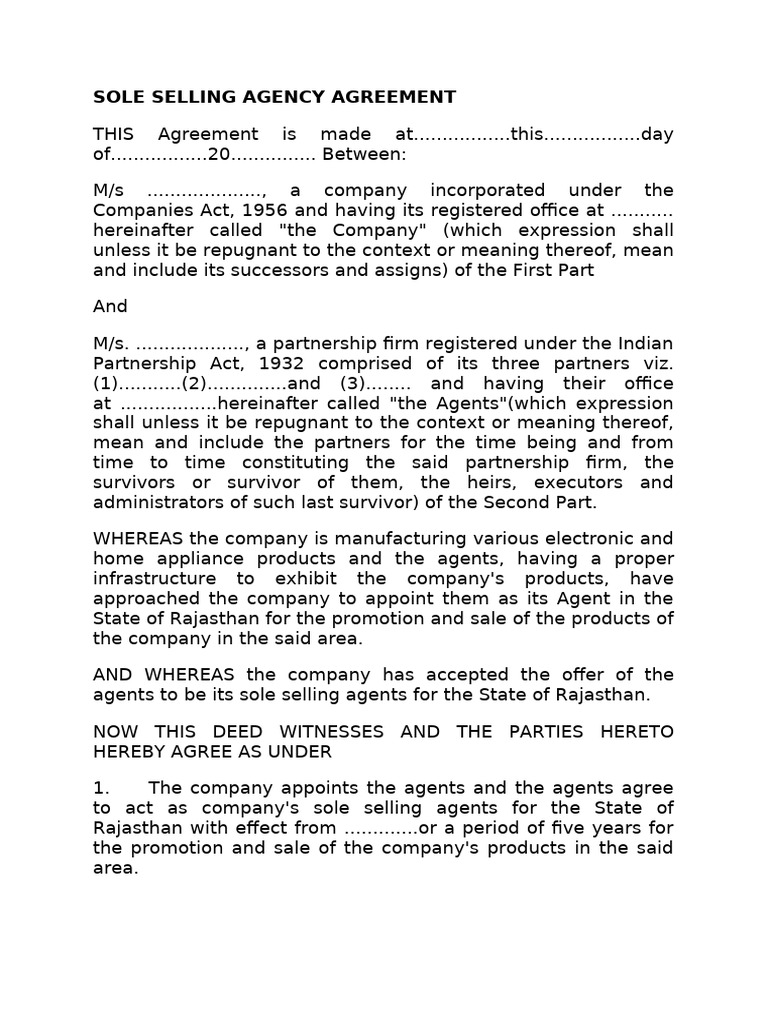 Sole Selling Agency Agreement | PDF